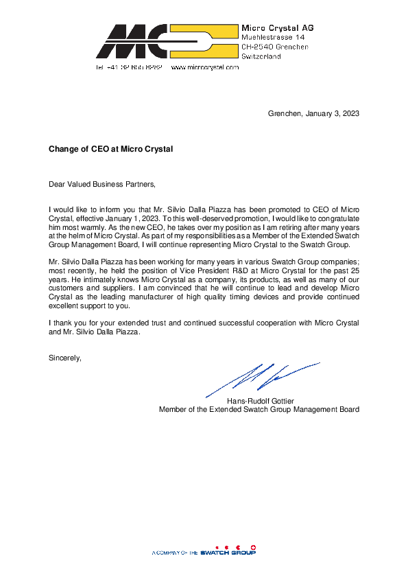 Micro Crystal’s CEO transition as of January 1st 2023